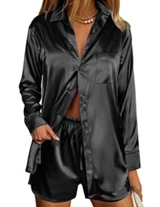 ekouaer womens pajamas, classic satin sleepwear, long sleeve button down silk sleep set nightwear, black, small