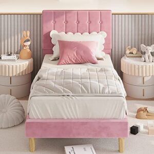 likimio twin bed frames, velvet upholstered platform bed frame with headboard and strong wooden slats, no box spring needed/noise-free/easy assembly, pink