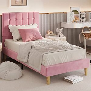 LIKIMIO Twin Bed Frames, Velvet Upholstered Platform Bed Frame with Headboard and Strong Wooden Slats, No Box Spring Needed/Noise-Free/Easy Assembly, Pink