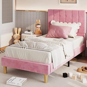 LIKIMIO Twin Bed Frames, Velvet Upholstered Platform Bed Frame with Headboard and Strong Wooden Slats, No Box Spring Needed/Noise-Free/Easy Assembly, Pink