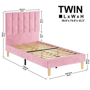 LIKIMIO Twin Bed Frames, Velvet Upholstered Platform Bed Frame with Headboard and Strong Wooden Slats, No Box Spring Needed/Noise-Free/Easy Assembly, Pink