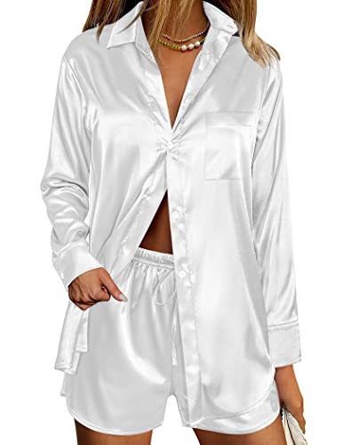 Ekoauer Womens Satin Stylish V Neck Long Sleeve Button Down Shirt and Matching Shorts Pajama Set, White, Large