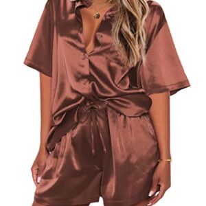 Ekouaer Satin Pajamas Womens Lightweight Sleepwear Short Sleeve Sleep Shirt Boyfriend Top and Shorts 2 Piece Silk PJ Set Brown,S