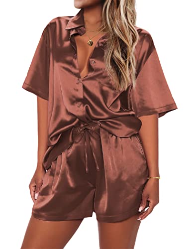 Ekouaer Satin Pajamas Womens Lightweight Sleepwear Short Sleeve Sleep Shirt Boyfriend Top and Shorts 2 Piece Silk PJ Set Brown,S