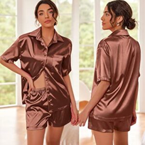 Ekouaer Satin Pajamas Womens Lightweight Sleepwear Short Sleeve Sleep Shirt Boyfriend Top and Shorts 2 Piece Silk PJ Set Brown,S