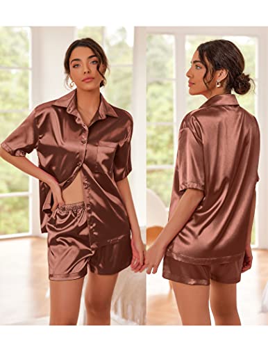 Ekouaer Satin Pajamas Womens Lightweight Sleepwear Short Sleeve Sleep Shirt Boyfriend Top and Shorts 2 Piece Silk PJ Set Brown,S