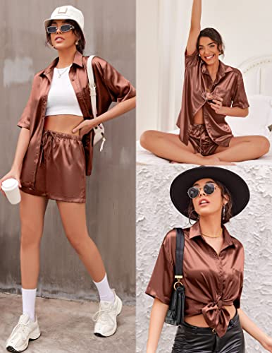 Ekouaer Satin Pajamas Womens Lightweight Sleepwear Short Sleeve Sleep Shirt Boyfriend Top and Shorts 2 Piece Silk PJ Set Brown,S