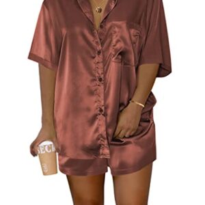 Ekouaer Satin Pajamas Womens Lightweight Sleepwear Short Sleeve Sleep Shirt Boyfriend Top and Shorts 2 Piece Silk PJ Set Brown,S