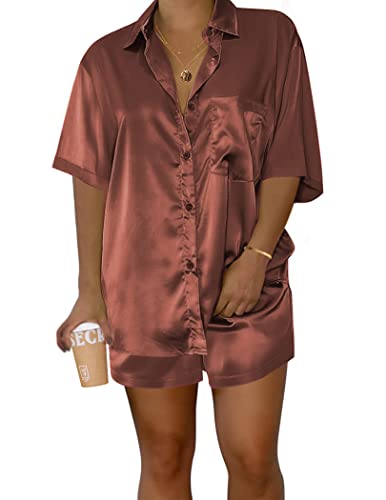 Ekouaer Satin Pajamas Womens Lightweight Sleepwear Short Sleeve Sleep Shirt Boyfriend Top and Shorts 2 Piece Silk PJ Set Brown,S