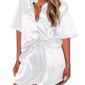 Ekouaer Silk Pajama Set Women's Pjs Satin Shirt and Shorts Two Piece Outfits Button Up Lounge Shorts Set White,Medium