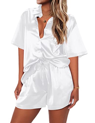 Ekouaer Silk Pajama Set Women's Pjs Satin Shirt and Shorts Two Piece Outfits Button Up Lounge Shorts Set White,Medium