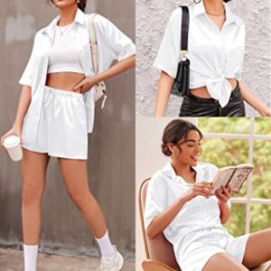 Ekouaer Silk Pajama Set Women's Pjs Satin Shirt and Shorts Two Piece Outfits Button Up Lounge Shorts Set White,Medium