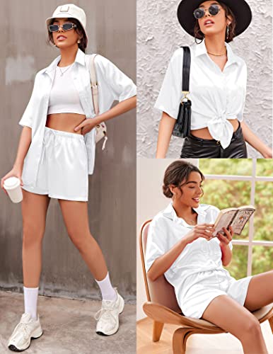 Ekouaer Silk Pajama Set Women's Pjs Satin Shirt and Shorts Two Piece Outfits Button Up Lounge Shorts Set White,Medium