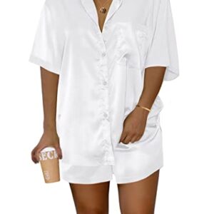 Ekouaer Silk Pajama Set Women's Pjs Satin Shirt and Shorts Two Piece Outfits Button Up Lounge Shorts Set White,Medium