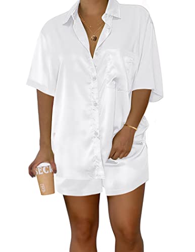 Ekouaer Silk Pajama Set Women's Pjs Satin Shirt and Shorts Two Piece Outfits Button Up Lounge Shorts Set White,Medium