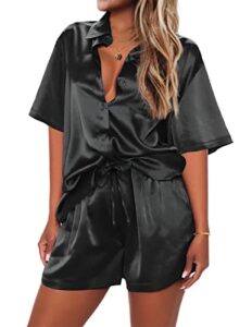 ekouaer satin pajamas for women soft short sleeve nightwear button down pjs with shorts summer silk 2 piece set black,medium