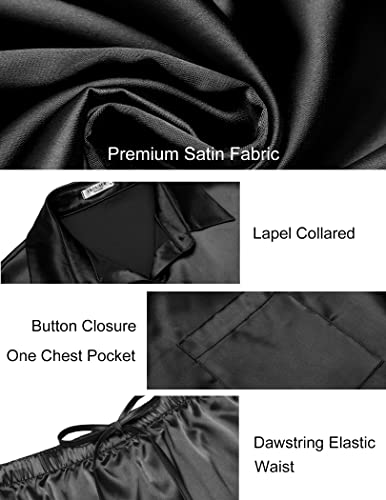 Ekouaer Satin Pajamas for Women Soft Short Sleeve Nightwear Button Down Pjs with Shorts Summer Silk 2 Piece Set Black,Medium