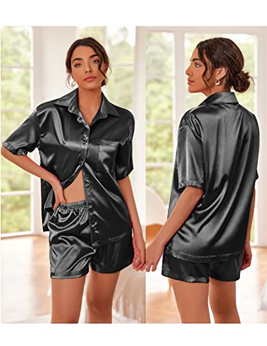 Ekouaer Satin Pajamas for Women Soft Short Sleeve Nightwear Button Down Pjs with Shorts Summer Silk 2 Piece Set Black,Medium