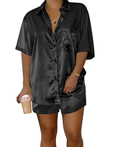 Ekouaer Satin Pajamas for Women Soft Short Sleeve Nightwear Button Down Pjs with Shorts Summer Silk 2 Piece Set Black,Medium