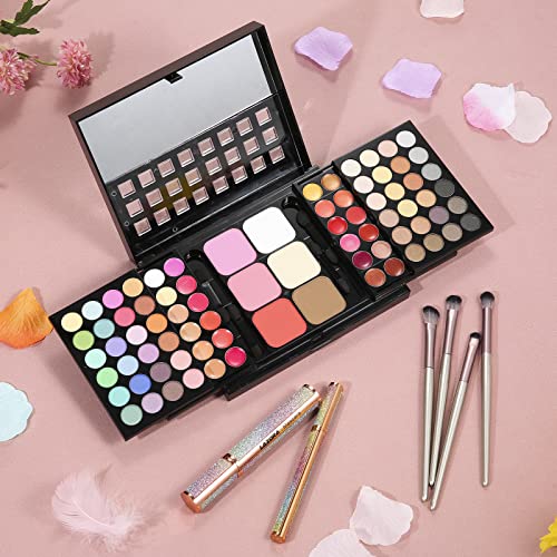 Full Makeup Gift Sets For Women - 78 Colors Makeup Palette Include Eyeshadow,Lipstick,Blush,Contour,Concealer, Mascara, Eyebrow Powder, Eyeliner Pencil, Mirror + 4Pcs Metallic Makeup Brushes