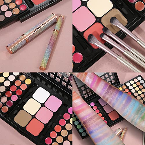 Full Makeup Gift Sets For Women - 78 Colors Makeup Palette Include Eyeshadow,Lipstick,Blush,Contour,Concealer, Mascara, Eyebrow Powder, Eyeliner Pencil, Mirror + 4Pcs Metallic Makeup Brushes