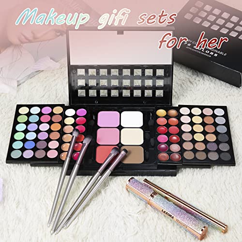 Full Makeup Gift Sets For Women - 78 Colors Makeup Palette Include Eyeshadow,Lipstick,Blush,Contour,Concealer, Mascara, Eyebrow Powder, Eyeliner Pencil, Mirror + 4Pcs Metallic Makeup Brushes