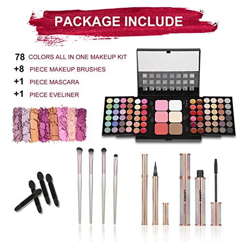 Full Makeup Gift Sets For Women - 78 Colors Makeup Palette Include Eyeshadow,Lipstick,Blush,Contour,Concealer, Mascara, Eyebrow Powder, Eyeliner Pencil, Mirror + 4Pcs Metallic Makeup Brushes