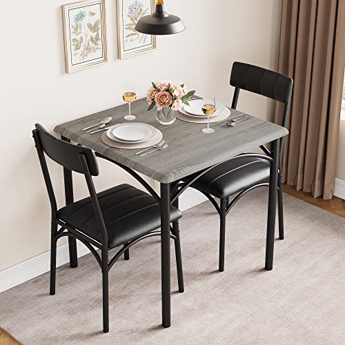 IDEALHOUSE Dining Table Set, Kitchen Table and Chairs for 2, Metal and Wood Square Dining Room Table Set with 2 Upholstered Chairs, 3 Piece Dining Table Set for Small Space, Apartment, Rustic Grey