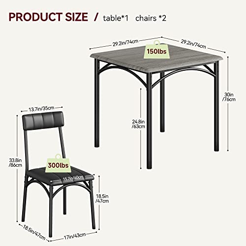 IDEALHOUSE Dining Table Set, Kitchen Table and Chairs for 2, Metal and Wood Square Dining Room Table Set with 2 Upholstered Chairs, 3 Piece Dining Table Set for Small Space, Apartment, Rustic Grey