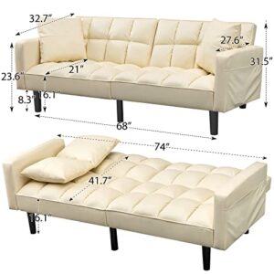 AVAWING Futon Sofa Bed, Modern Leather Convertible Sofa Bed, Upholstered Sofa Couch Bed with Adjustable Back, Arms and High Strength Nylon Legs for Living Room, Apartment, Office, Beige