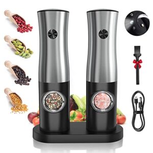 electric salt and pepper grinder set,tostog salt pepper grinder set rechargeable,stainless steel adjustable coarseness electric salt and pepper shakers with light/charging base/ceramic grinder