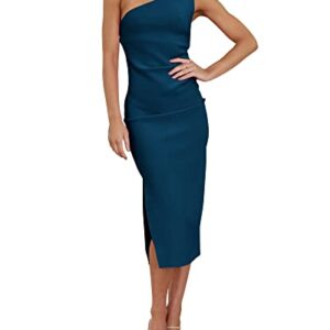 BTFBM Women One Shoulder Bodycon Dress 2023 Spring Summer Sleeveless Slit Midi Party Cocktail Wedding Guest Prom Dresses(Solid Dark Blue, Medium)