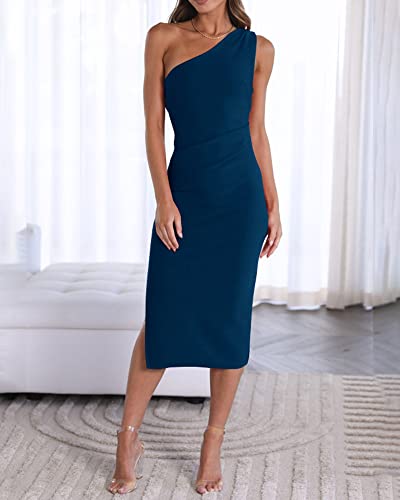 BTFBM Women One Shoulder Bodycon Dress 2023 Spring Summer Sleeveless Slit Midi Party Cocktail Wedding Guest Prom Dresses(Solid Dark Blue, Medium)