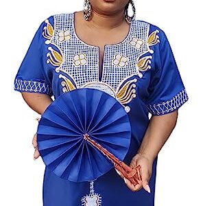 Blue African Fabric Folding Fan: Church, Ankara, Leather, Wedding, Sports, and Pouch Included!