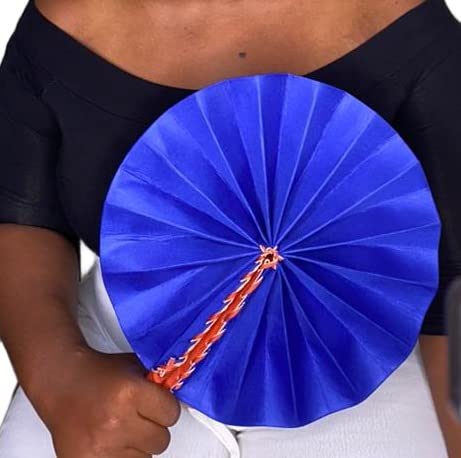 Blue African Fabric Folding Fan: Church, Ankara, Leather, Wedding, Sports, and Pouch Included!