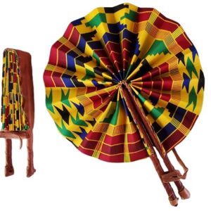 African Fabric Folding Fan: Church, Ankara, Multicolor, Leather, Wedding, Sports, and Pouch Included