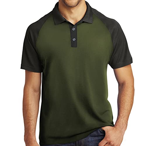 Mens Short Sleeve Color Block Polo Shirts Regular Fit Fashion Design Lightweight Casual Quick Dry Golf Shirt Army Green