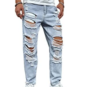 WDIRARA Men's High Waisted Ripped Skinny Jeans Long Denim Pants with Pocket Light Wash S