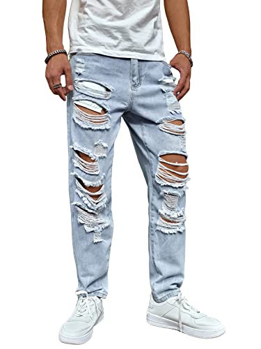 WDIRARA Men's High Waisted Ripped Skinny Jeans Long Denim Pants with Pocket Light Wash S