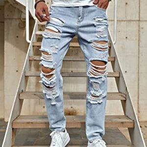 WDIRARA Men's High Waisted Ripped Skinny Jeans Long Denim Pants with Pocket Light Wash S