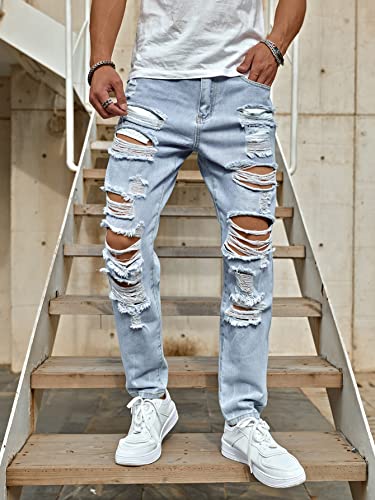 WDIRARA Men's High Waisted Ripped Skinny Jeans Long Denim Pants with Pocket Light Wash S