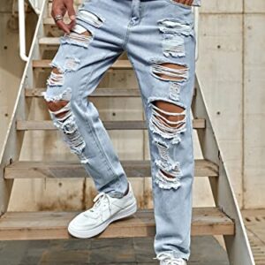 WDIRARA Men's High Waisted Ripped Skinny Jeans Long Denim Pants with Pocket Light Wash S