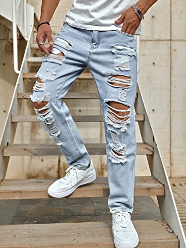 WDIRARA Men's High Waisted Ripped Skinny Jeans Long Denim Pants with Pocket Light Wash S