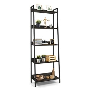 caphaus 5 tier ladder bookshelf, 24 inch width free standing shelf, bookcase shelf storage rack organizer, industrial book shelves for home office, living room, kitchen, black wooden shelves