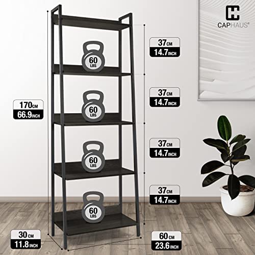 CAPHAUS 5 Tier Ladder Bookshelf, 24 Inch Width Free Standing Shelf, Bookcase Shelf Storage Rack Organizer, Industrial Book Shelves for Home Office, Living Room, Kitchen, Black Wooden Shelves