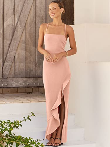 ANRABESS Women's Spaghetti Strap High Slit Bodycon Wedding Guest Dress Semi Formal Dresses A860-qianfen-S Light Pink