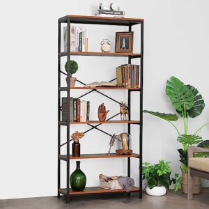 devo bookshelf, industrial book shelf large storage shelves, display shelf tall bookcase metal bookshelves, 6 tier bookcases wood heavy duty shelving unit for bedroom,office and living room, vintage