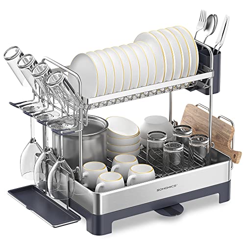 SONGMICS Dish Drying Rack - 2 Tier Dish Rack for Kitchen Counter with Rotatable and Extendable Drain Spout, Dish Drainer with Utensil, Cup, Glass, Cutting Board Holders, Gray UKCS032E01