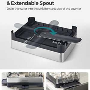 SONGMICS Dish Drying Rack - 2 Tier Dish Rack for Kitchen Counter with Rotatable and Extendable Drain Spout, Dish Drainer with Utensil, Cup, Glass, Cutting Board Holders, Gray UKCS032E01