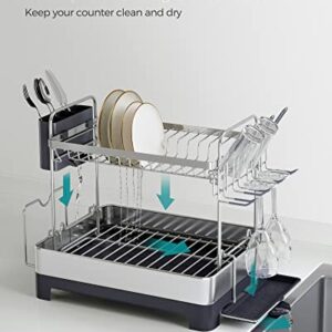 SONGMICS Dish Drying Rack - 2 Tier Dish Rack for Kitchen Counter with Rotatable and Extendable Drain Spout, Dish Drainer with Utensil, Cup, Glass, Cutting Board Holders, Gray UKCS032E01